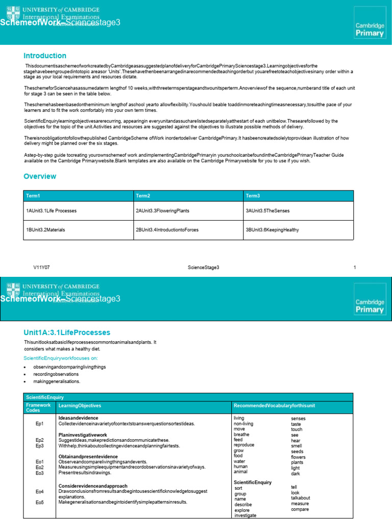 Cambridge Primary Science Stage 3 Plan | PDF | Force | Weight