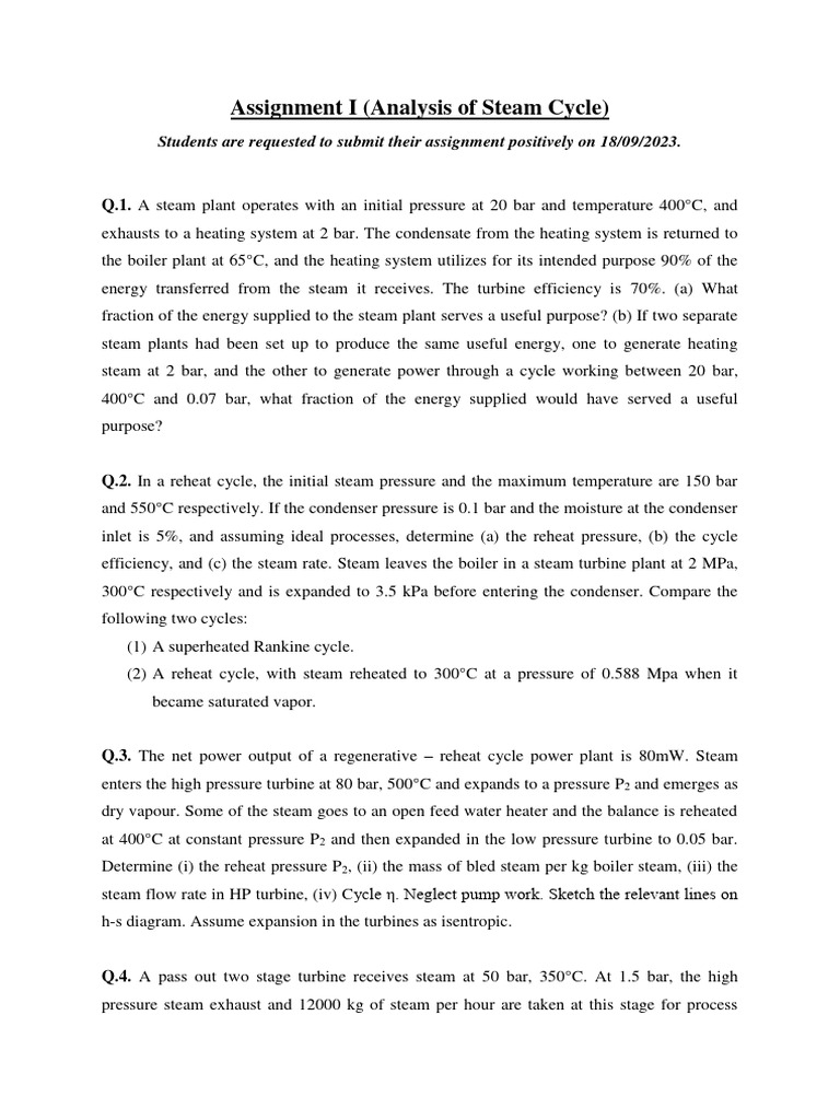 Assignment I (Analysis of Steam Cycle) | PDF | Steam | Power (Physics)