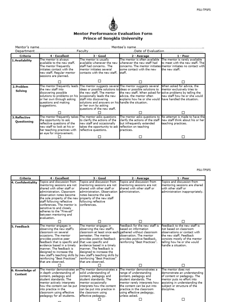 Mentor Performance Evaluation Form | PDF | Mentorship | Pedagogy