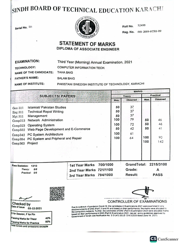 DAE Marksheet | PDF DAE Marksheet | PDF