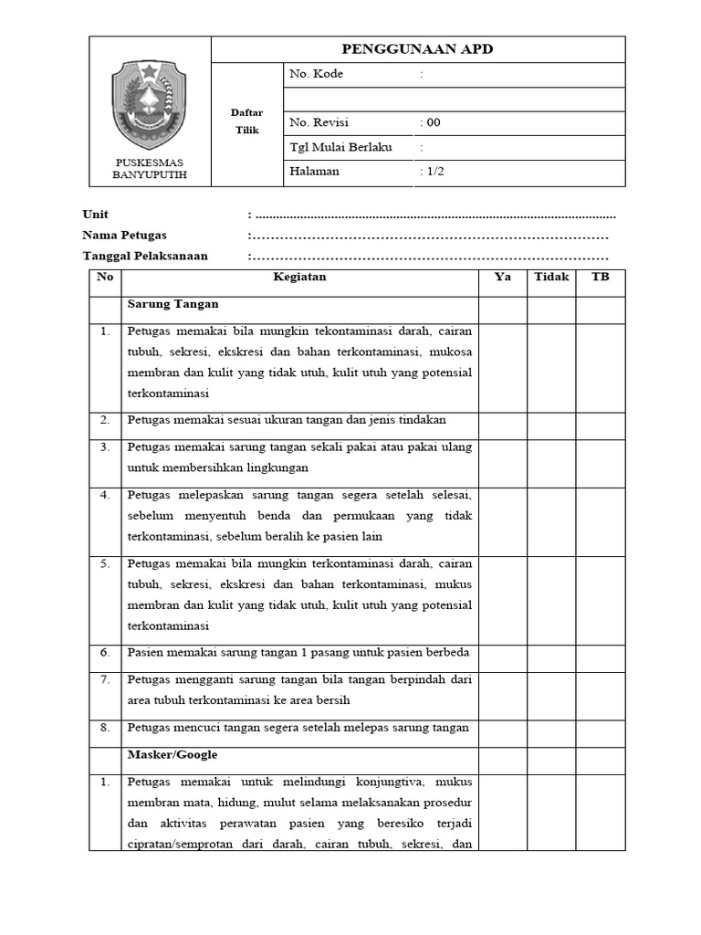 Daftar Tilik Penggunaan Apd | PDF