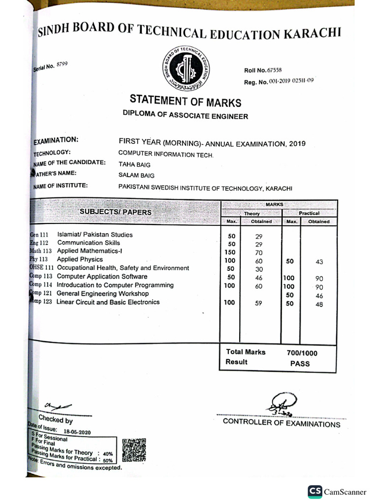 DAE Marksheet 1st Year | PDF