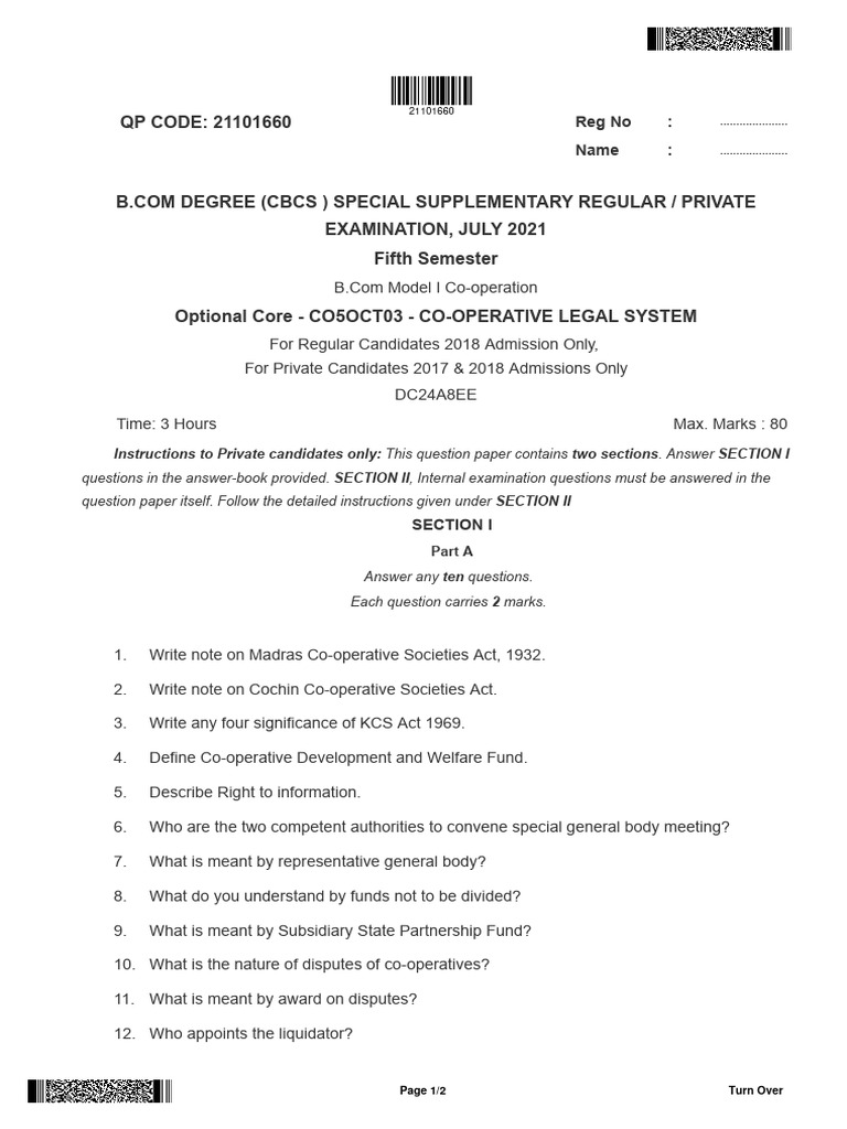 Bcom 5 Sem Co Operative Legal System 21101660 Jul 2021 | PDF | Government | Justice