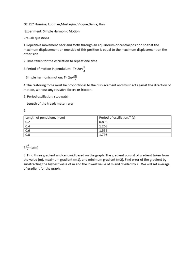 Pre Lab Simple Harmonic Motion | PDF