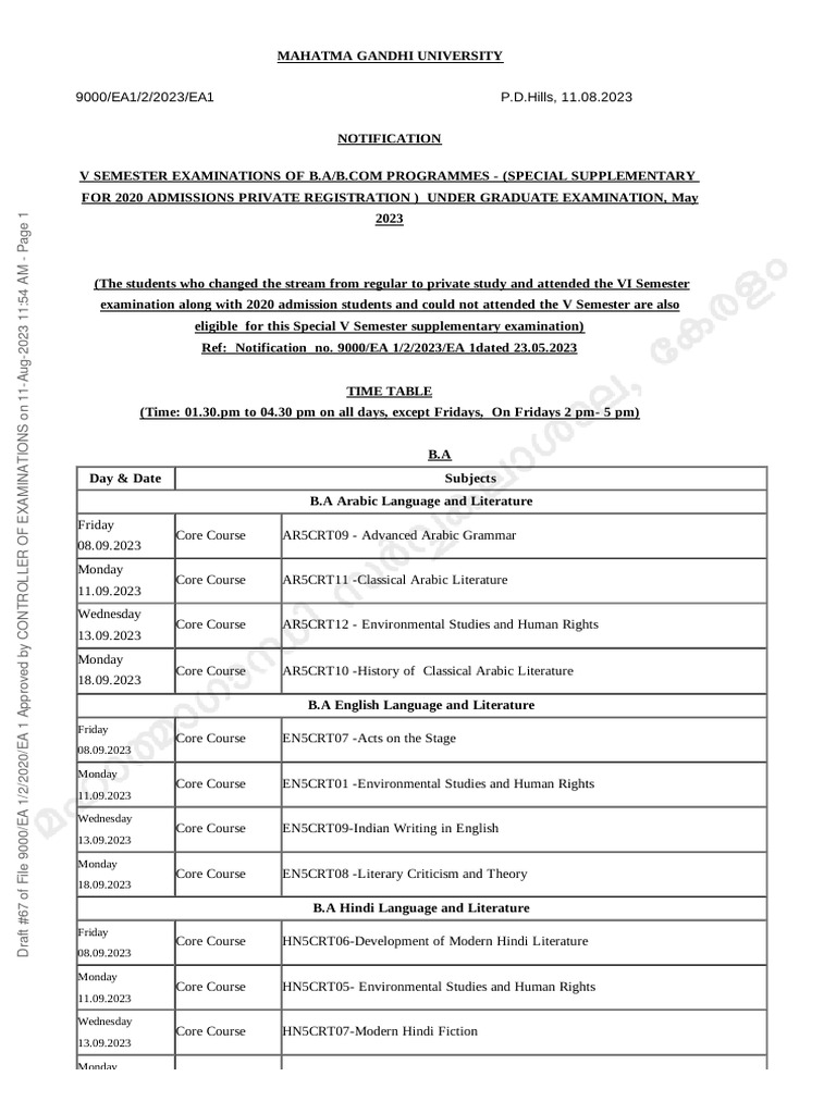 Special Exam Schedule for 2020 Batch | PDF