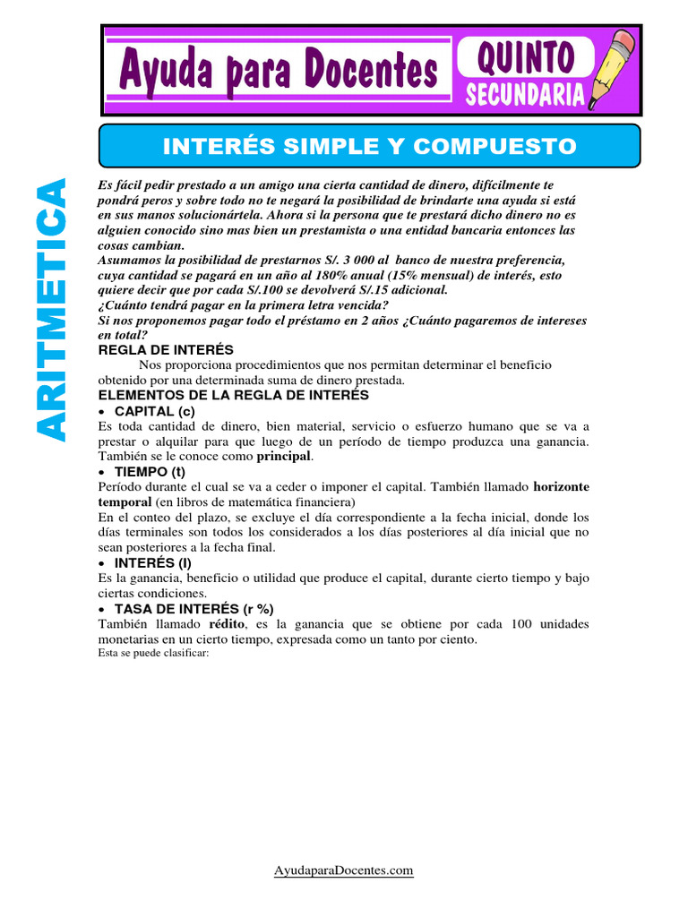 Interes Simple y Compuesto para Quinto de Secundaria | PDF | Interés | Bancos