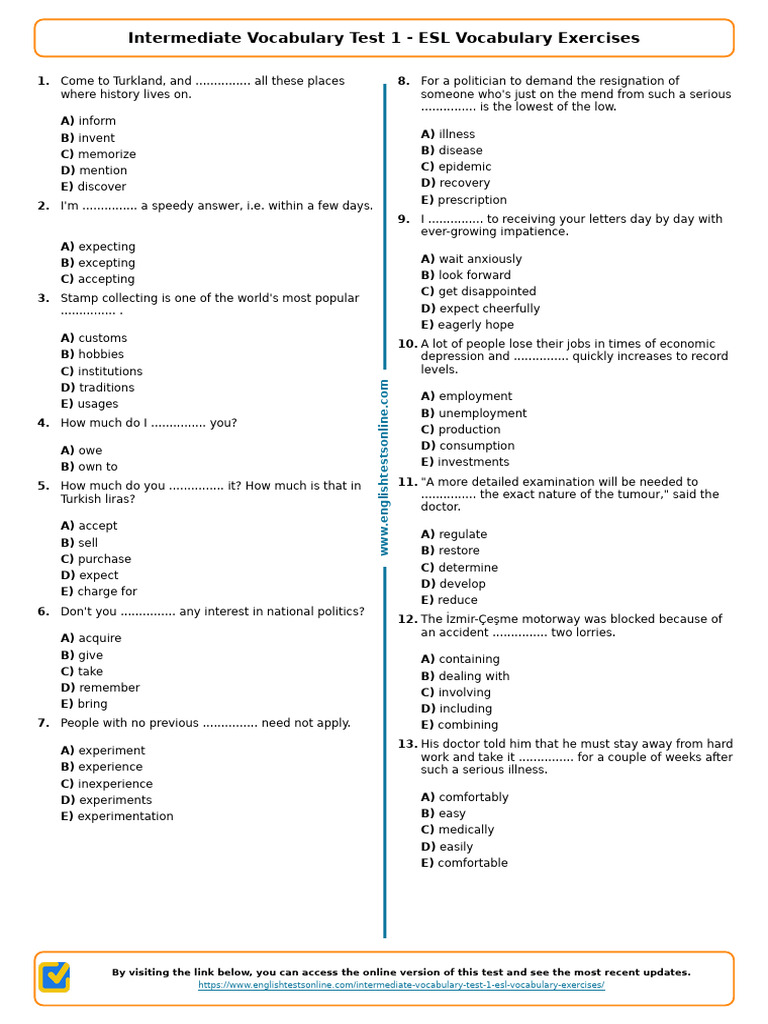 646 - Intermediate Vocabulary Test 1 Esl Vocabulary Exercises | PDF ...