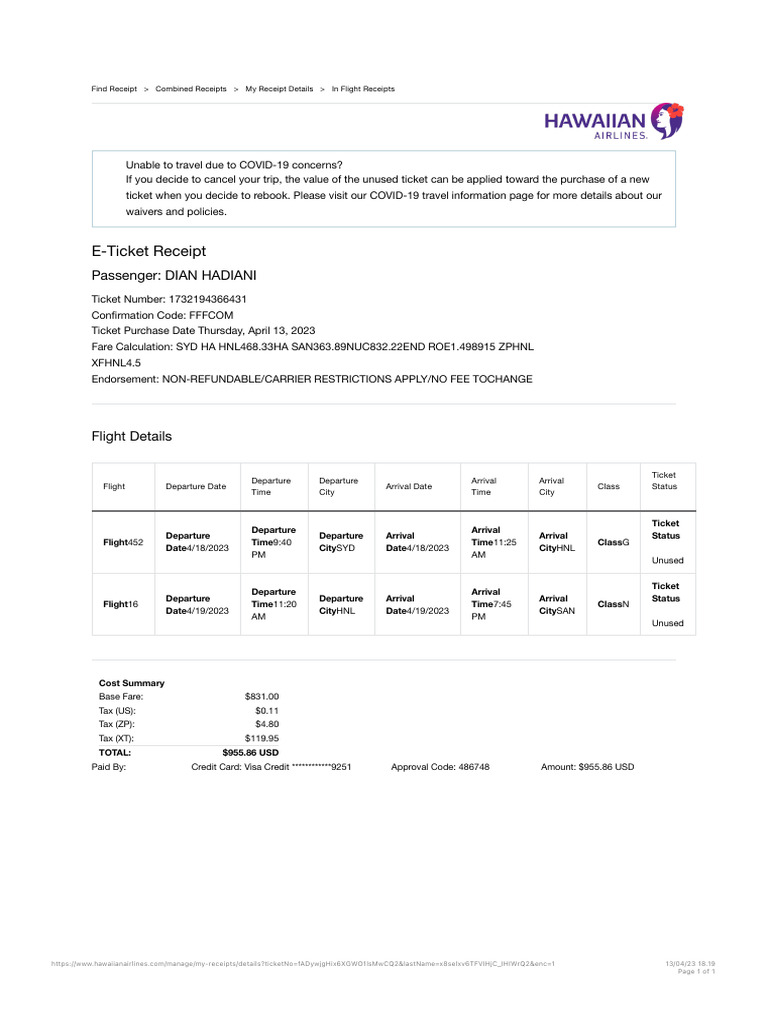 Hawaiian Airlines E-Ticket Receipt | PDF | Payments | Transport