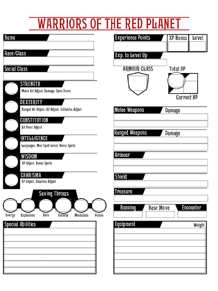 Warriors of The Red Planet PDF Char Sheet Fillable | PDF