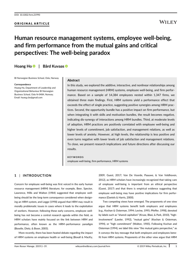 Human Resource Management Systems, Employee Well-Being, and Firm Performance From The Mutual ...