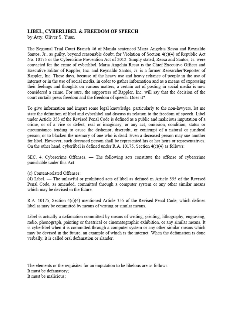 Libel - Cyber Libel - Freedom of Speech | PDF | Defamation | Justice