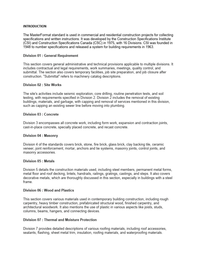 MasterFormat Construction Standards Overview | PDF | Window | Framing ...