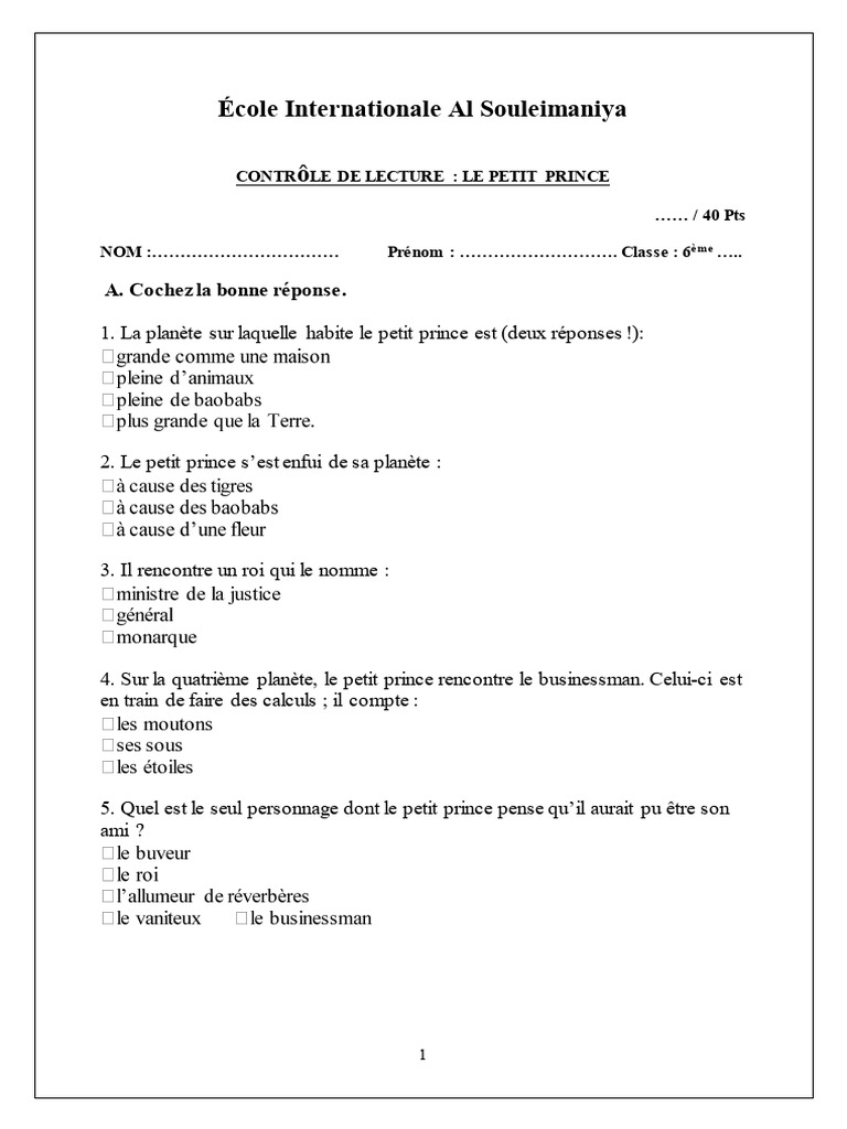 Questionnaire de lecture : Le Petit Prince | PDF | Le Petit Prince