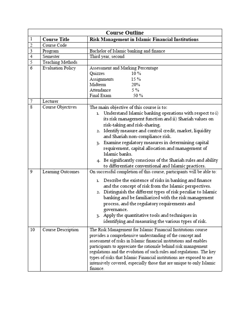 Risk Management Course Outline | PDF | Islamic Banking And Finance | Risk