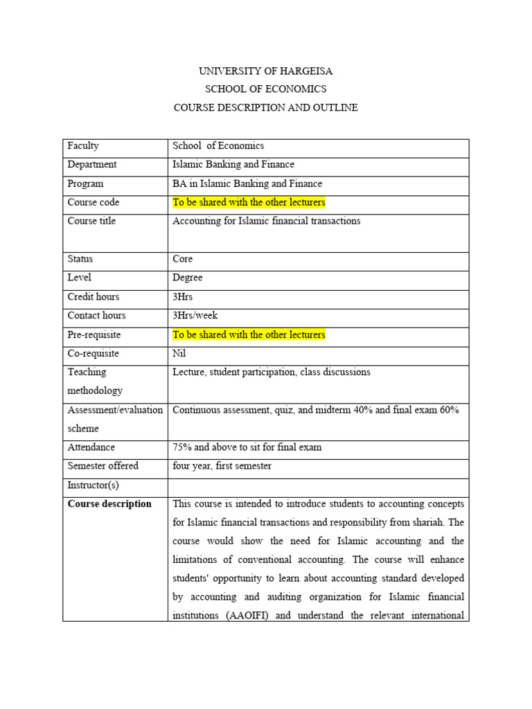 Course Outline For Islamic Accounting | PDF | Accounting | Money