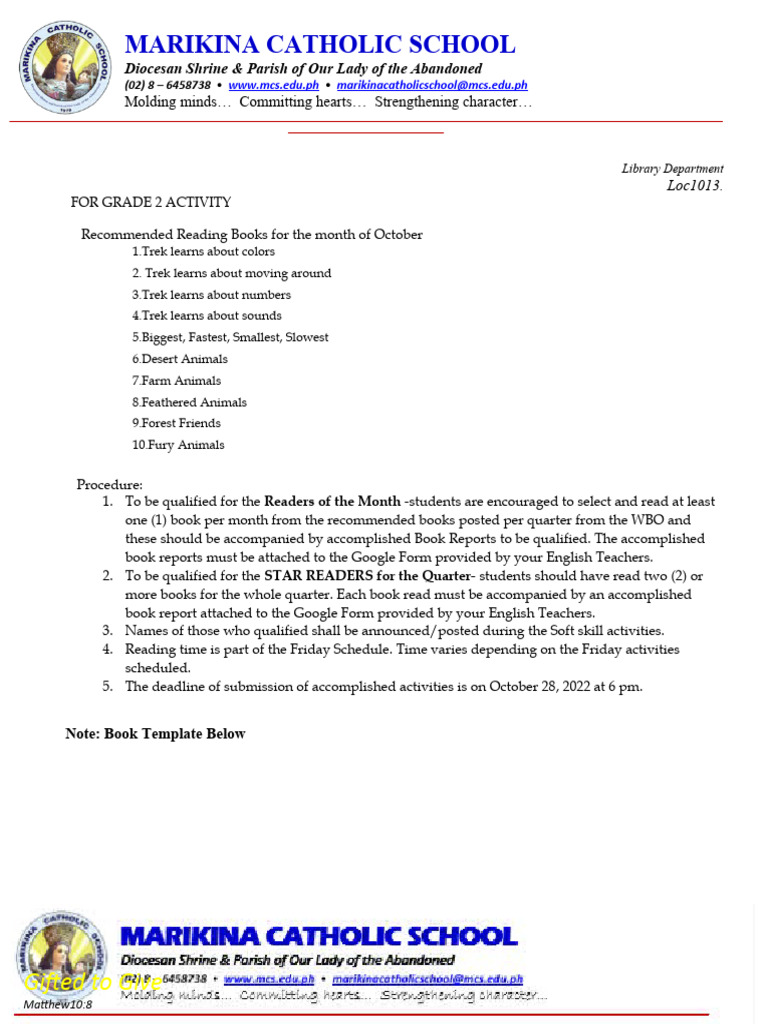 Grade 2 Library Reading Activity Pdf