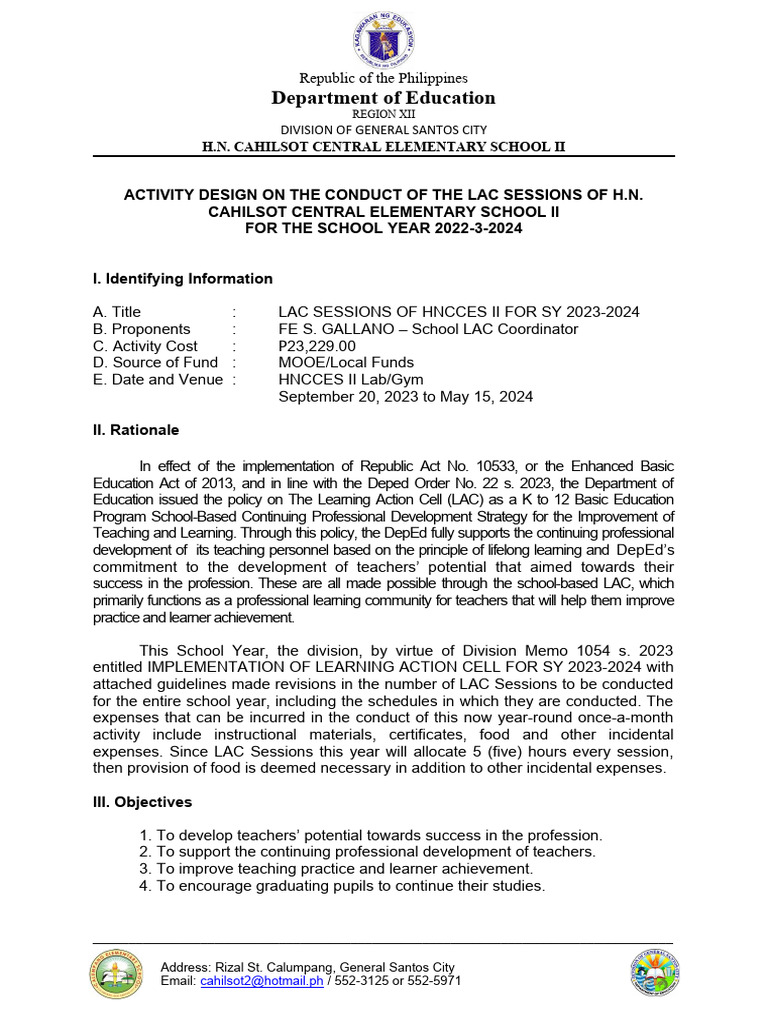 LAC Sessions Plan for HNCCES II 2023-2024 | PDF | Teachers | Learning