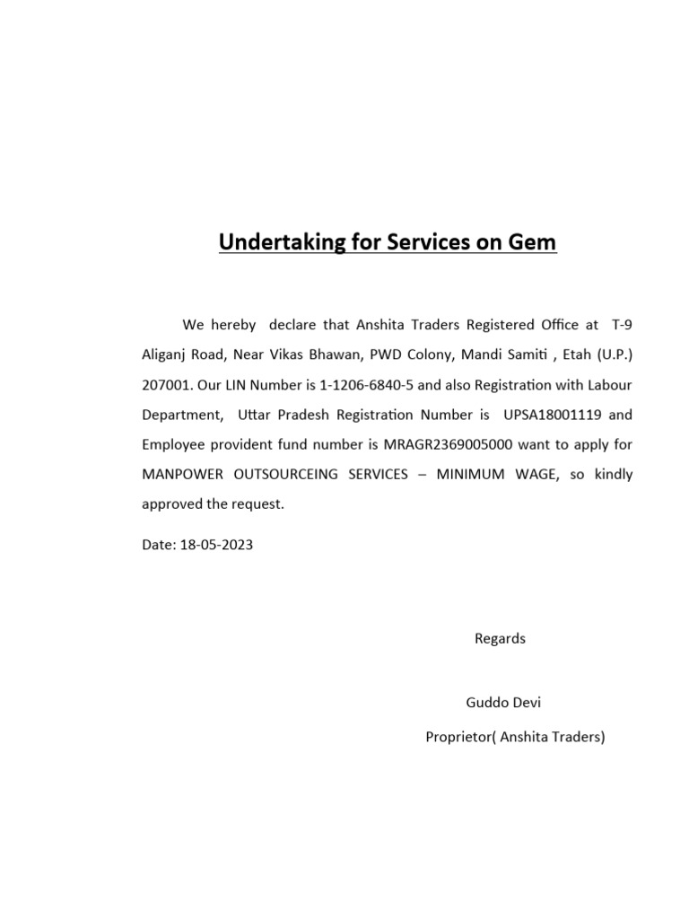 Undertaking For Services On Gem | PDF
