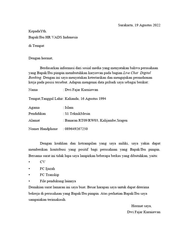 Lamaran Kerja di VADS Indonesia | PDF | Karier & Perkembangan
