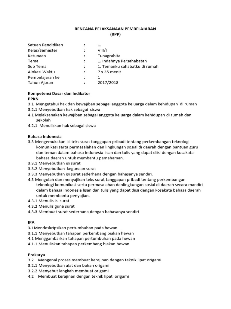 RPP Tunagrahita Kelas 8 Tema 1 Subtema 1 1 | PDF | Karier & Perkembangan