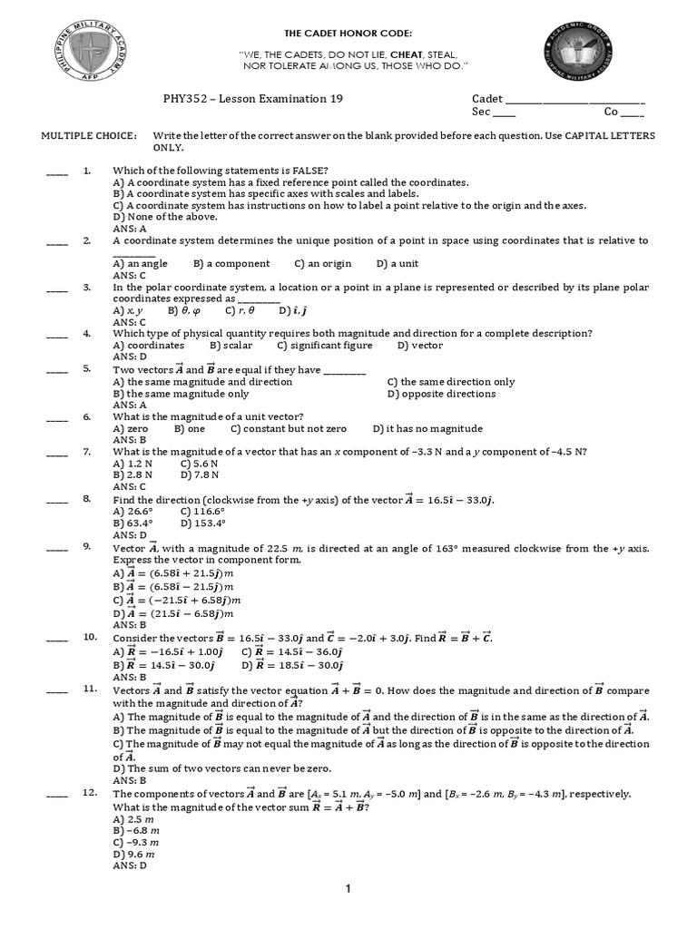 Le19 Vectors Answers Pdf Euclidean Vector Coordinate System