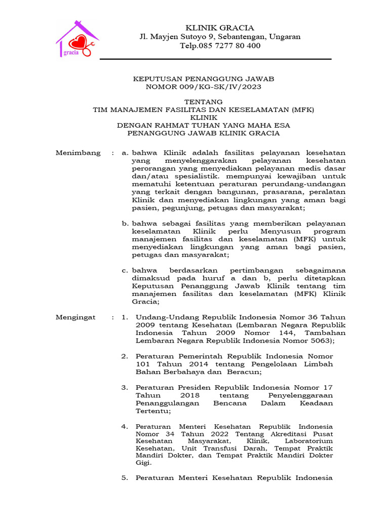 Sk Tim Manajemen Fasilitas Keselamatan Mfk Klinik Gracia Print Pdf