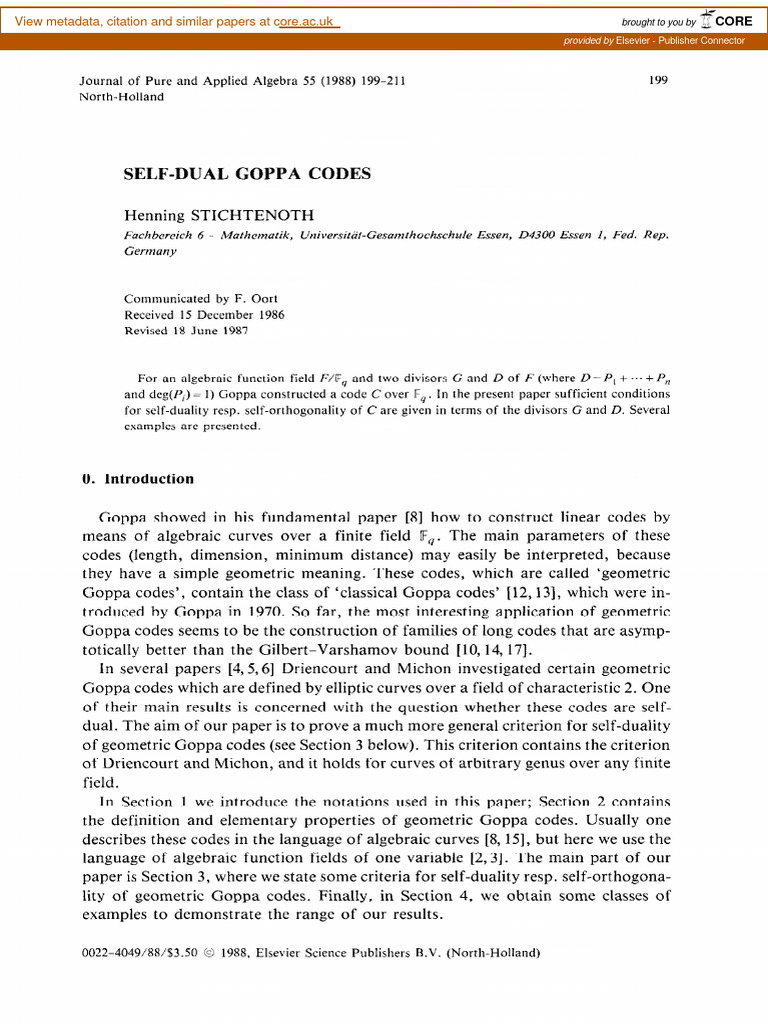 SELF-DUAL GOPPA CODES (H. Stichtenoth) | PDF | Field (Mathematics) | Function (Mathematics)