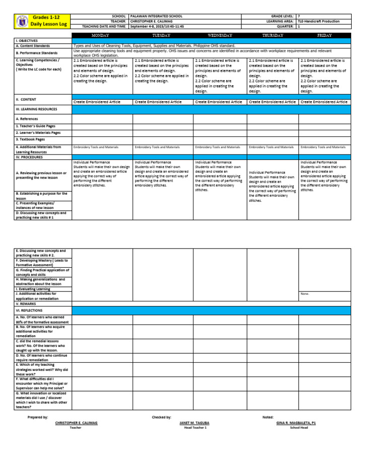 Week 2 Grade 7 | PDF | Embroidery | Learning