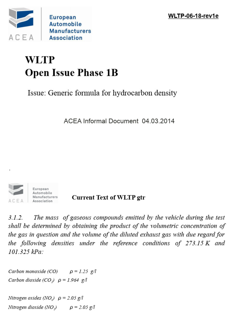WLTP-06-18-rev1e - Proposal On Density NMHC by ACEA | PDF | Diesel Fuel | Fuels