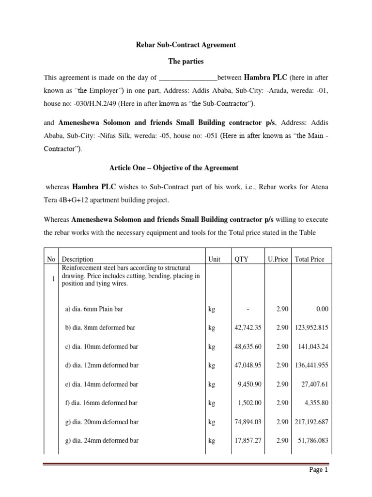 Rebar Sub-Contract Agreement Template | PDF | Employment | Subcontractor