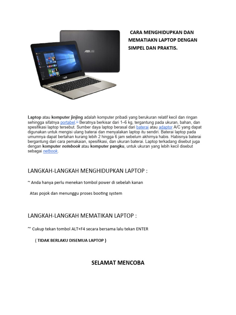 Cara Menghidupkan Dan Mematiakn Laptop Dengan Simpel Dan Praktis | PDF ...