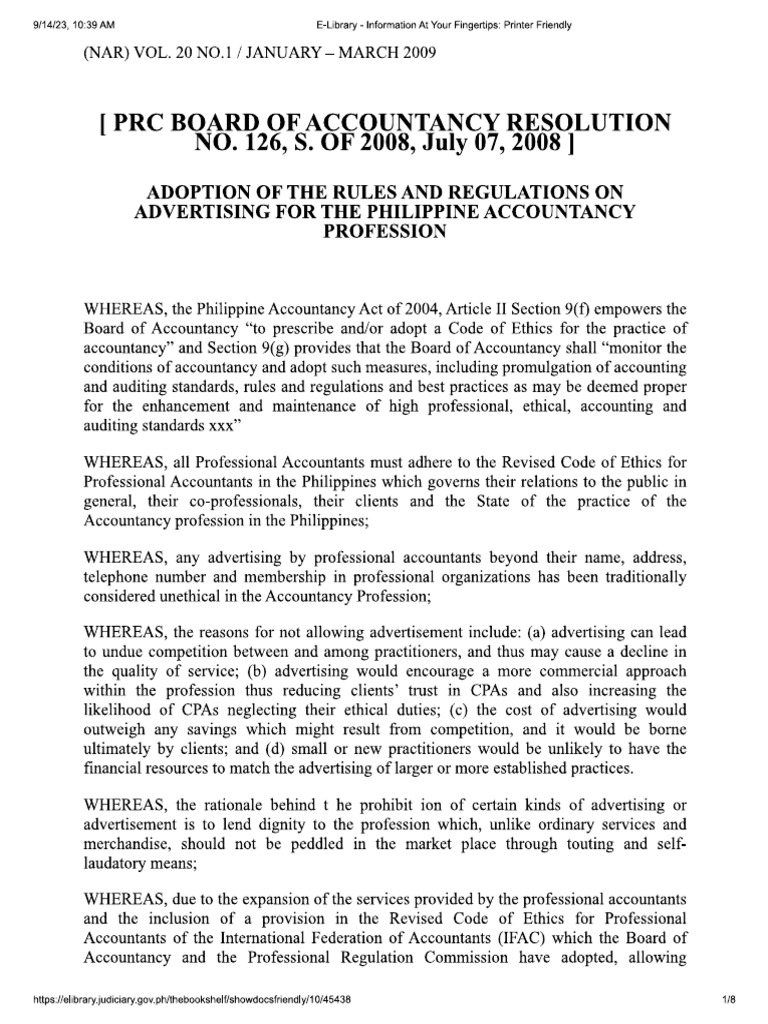 PRC BOA Resolution No. 126 Series of 2008 | PDF