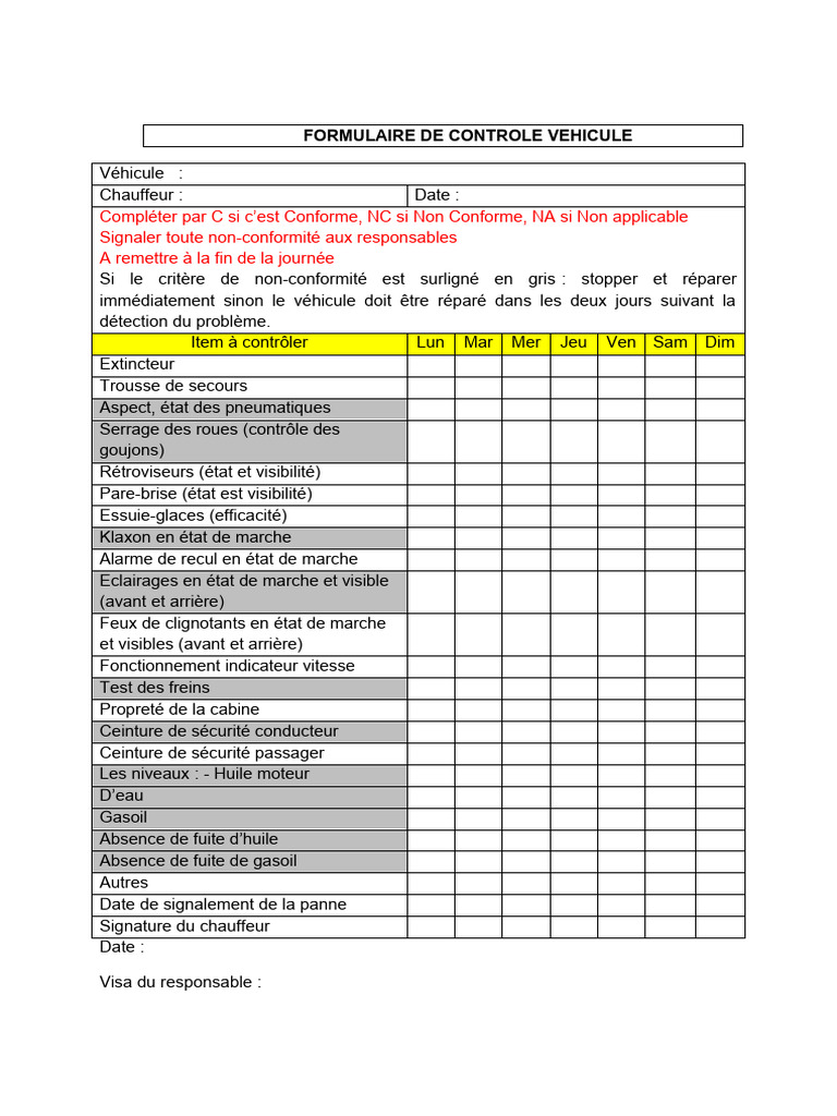 Formulaire de Controle Vehicule | PDF