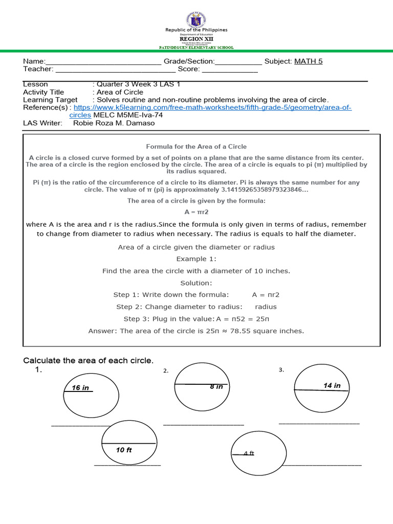 MATH-Q4-Week 2-LAS-1 | PDF | Area | Circle