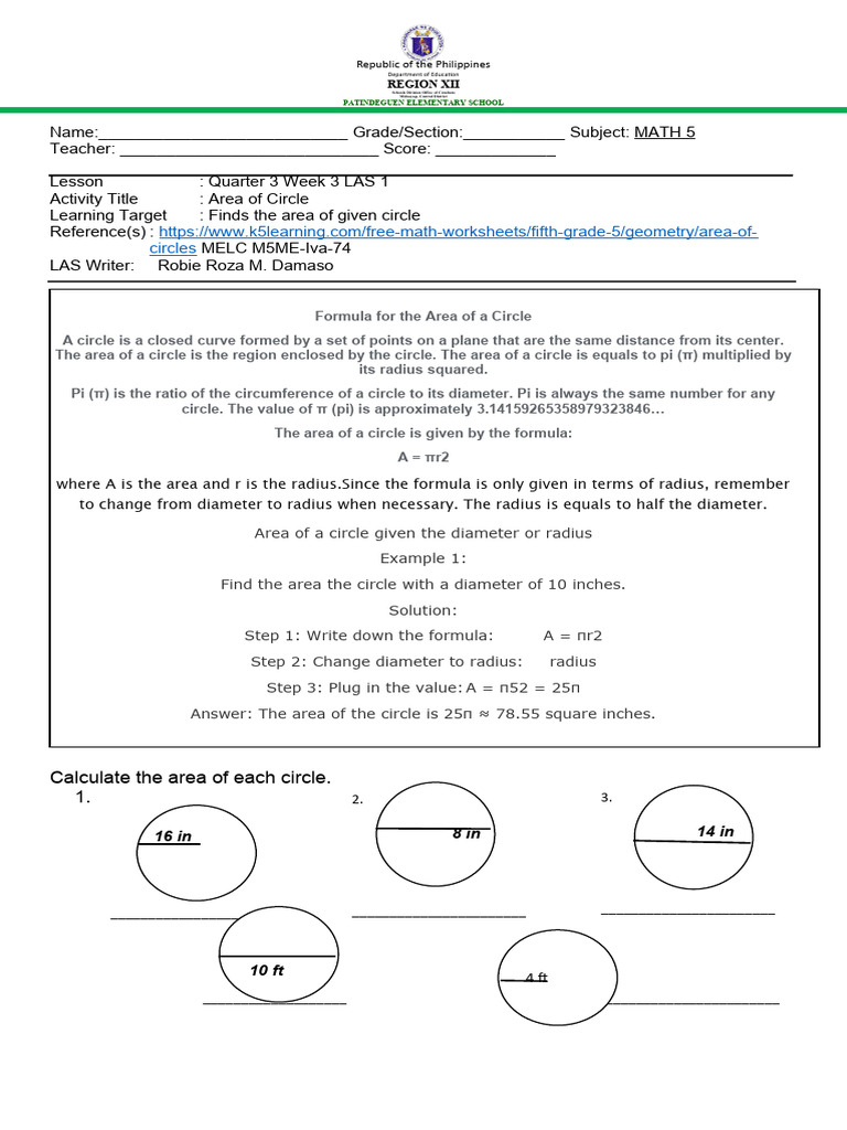 MATH-Q4-Week 1-LAS-1 | PDF | Area | Circle