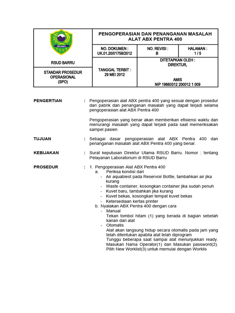 SPO Pengoperasian & Penanganan Masalah Alat ABX Pentra 400 | PDF | Teknologi & Rekayasa