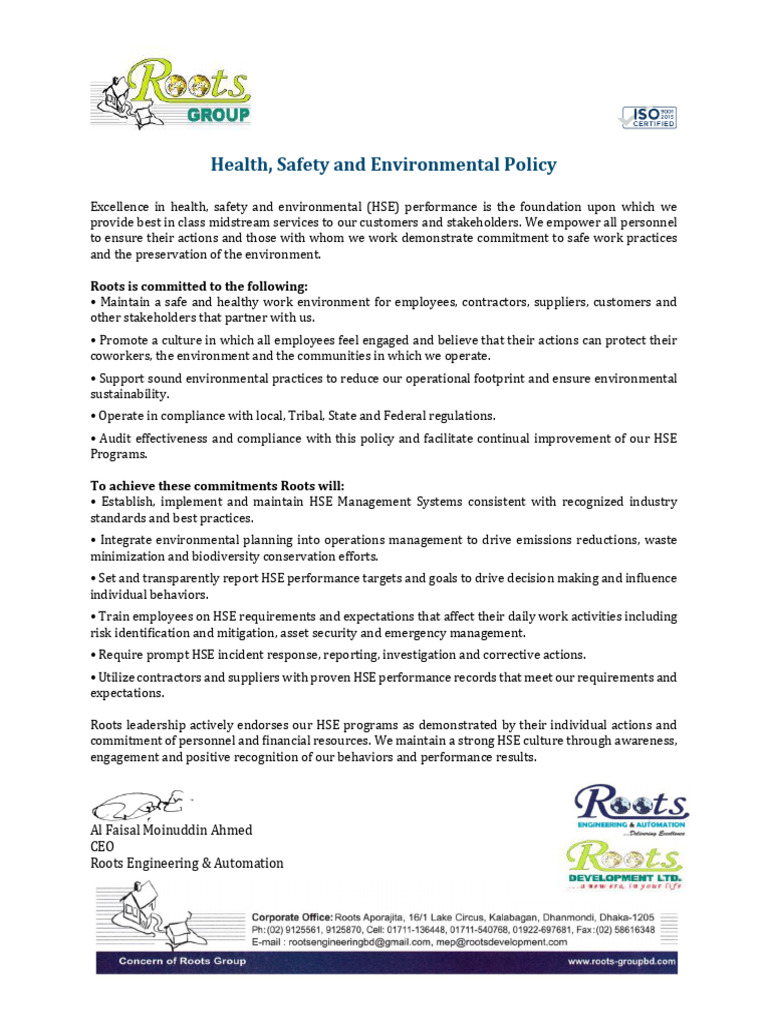 Health Safety & Environment Policy - Roots Group | PDF