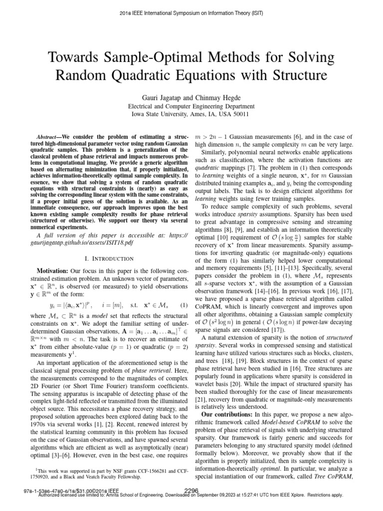 Towards Sample-Optimal Methods For Solving Random Quadratic Equations With Structure | PDF ...