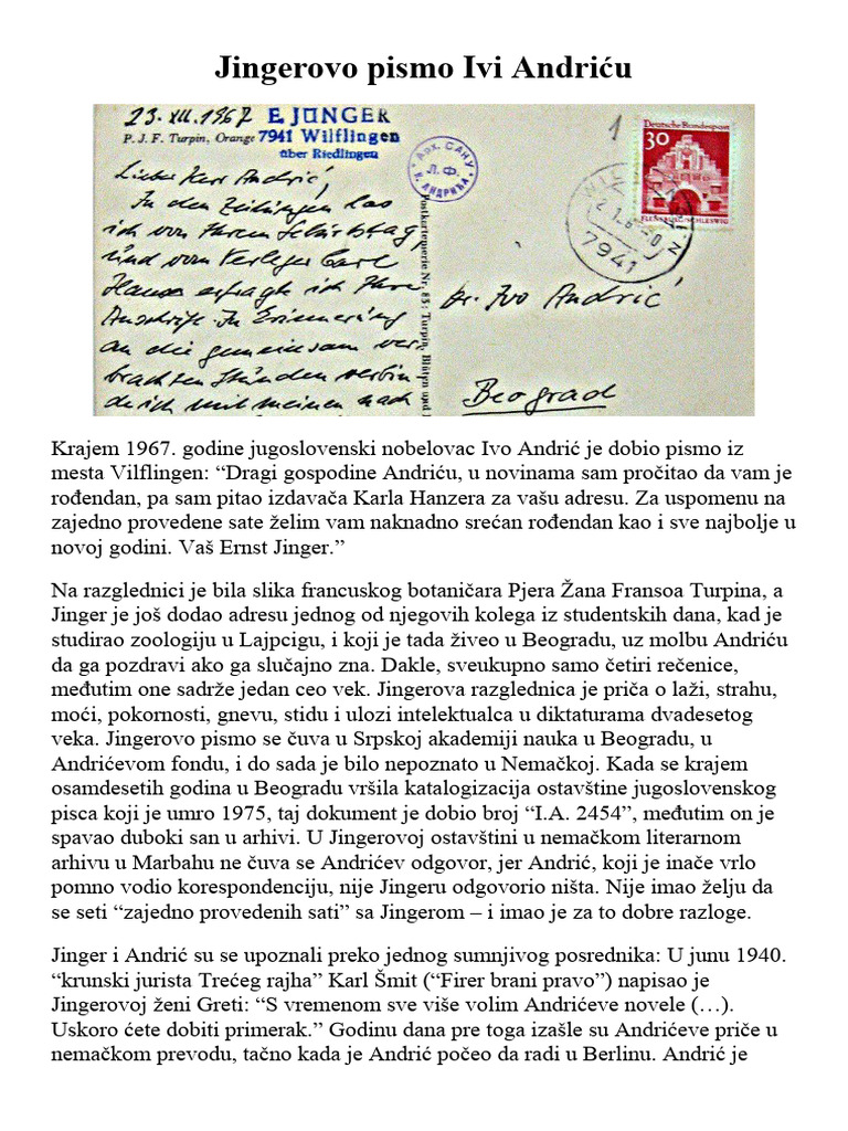 Jingerovo Pismo Ivi Andrić | PDF