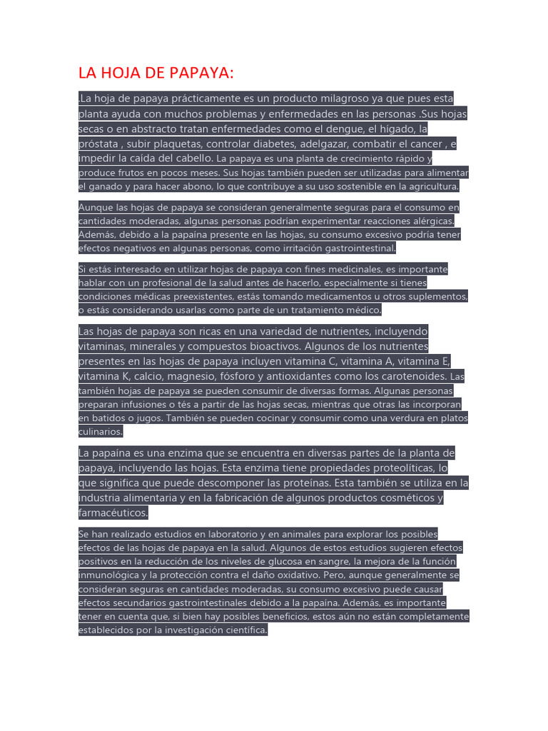 La Hoja de Papaya | PDF | Vitamina | Alimentos