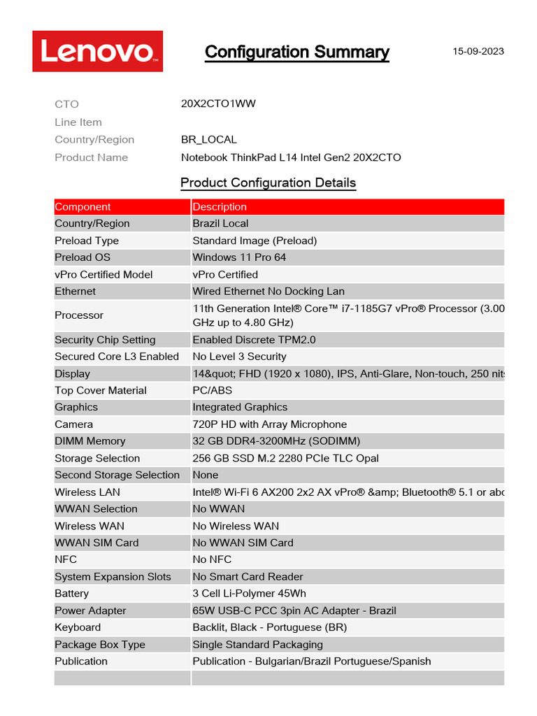 15092023-Notebook ThinkPad L14 Intel Gen2 20X2CTO | PDF | Computer Engineering | Computer Science