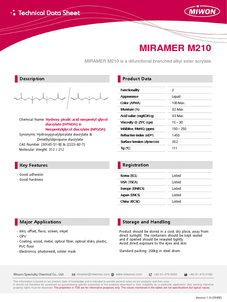Miramer M210 TDS - Rev1.0 | PDF | Materials | Physical Sciences
