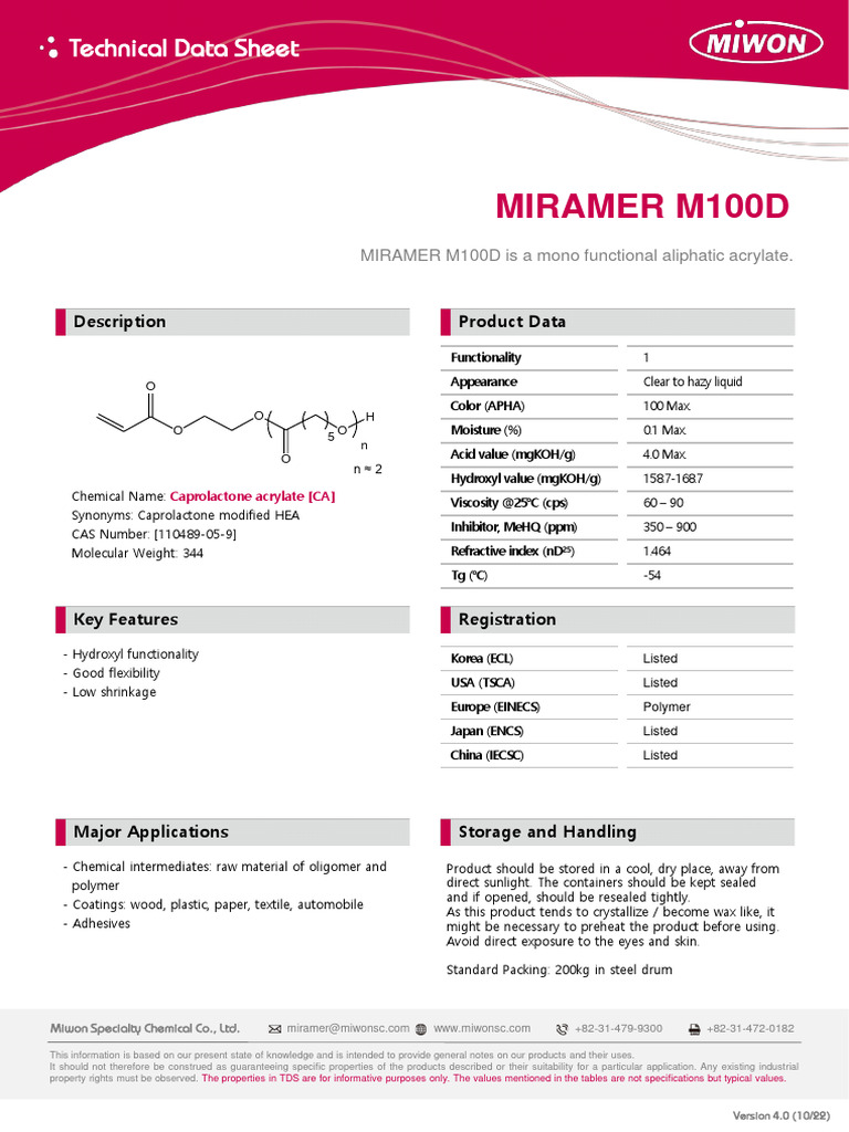 Miramer M100D Technical Data Sheet | PDF | Polymers | Materials