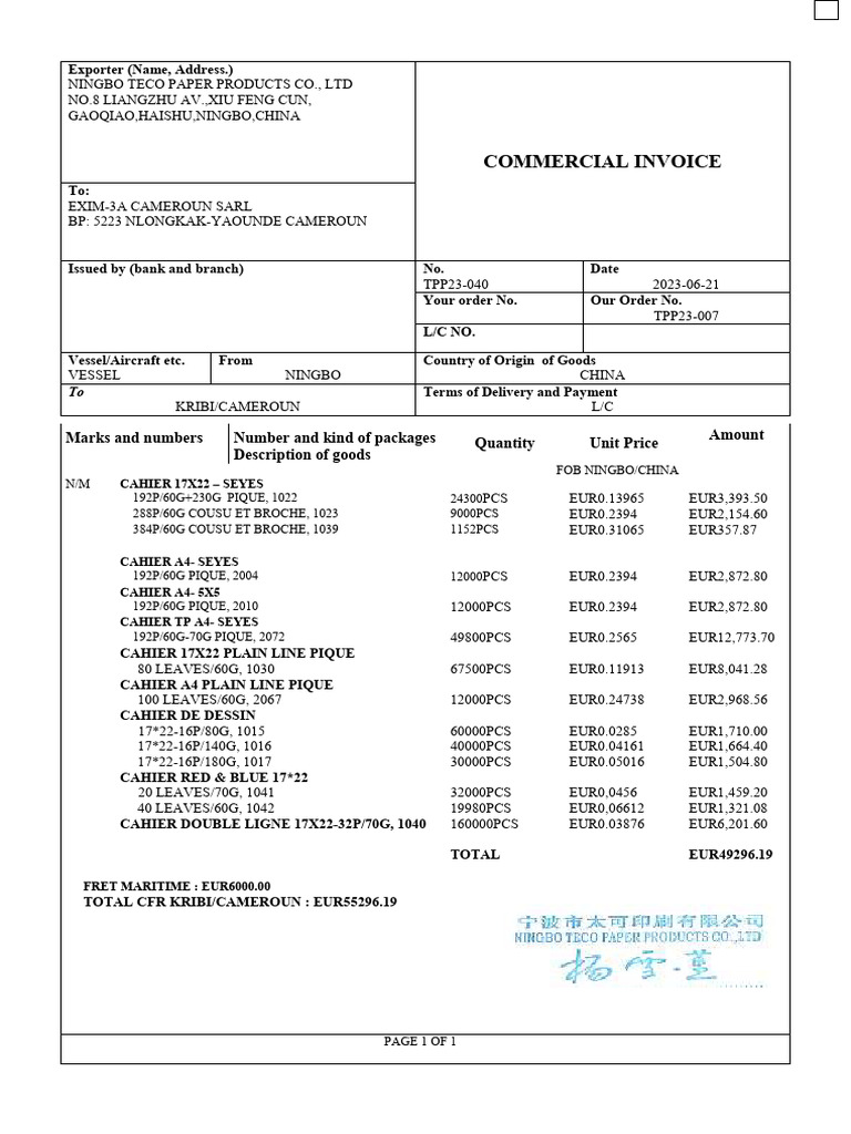 Commercial Invoice Definitif Classinn 2022-2023 | PDF