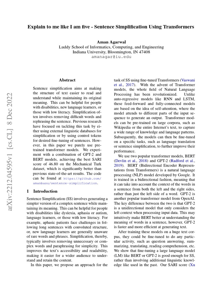 Explain To Me Like I Am Five - Sentence Simplification Using Transformers | PDF | Cognitive ...