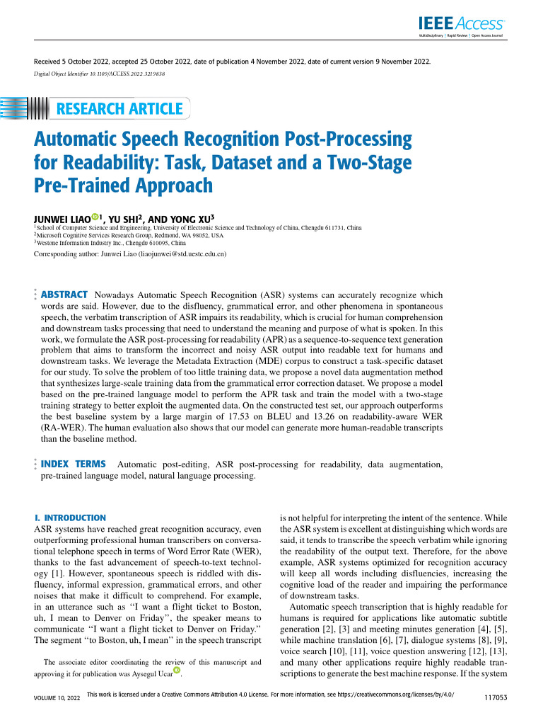 Automatic Speech Recognition Post-Processing For Readability Task Dataset and A Two-Stage Pre ...