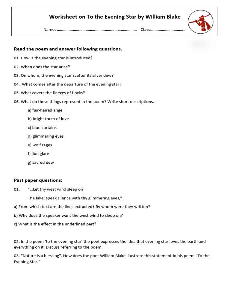 Worksheet On To The Evening Star by William Blake | PDF