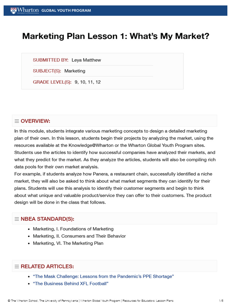 Marketing Plan Lesson 1 | PDF | Marketing | Market Segmentation