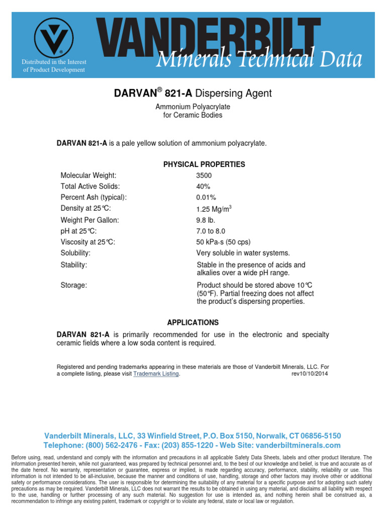 DARVAN 821A Specs Sheet | PDF | Trademark | Solubility