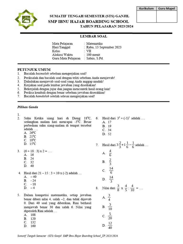 MTK - Vii - Soal - PTS - Tp. 2023-2024 | PDF